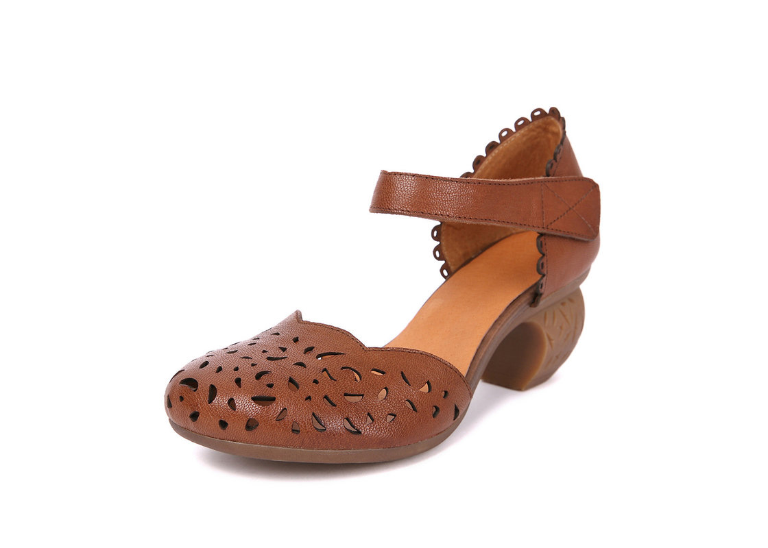 S296 Spring New Products Original Handmade Leather Velcro Single Shoes Hollow Retro Casual Round Toe Wedge Shoes