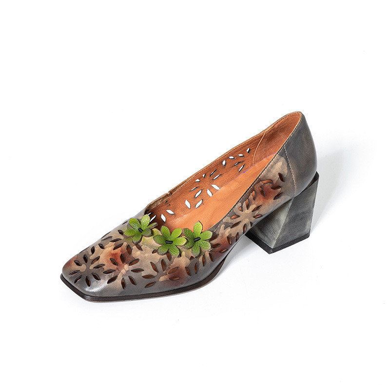 S298 Spring 2020 New Square Toe Leather High Heel Women'S Shoes Hollow Flower Ethnic Style Retro Spring Shoes Factory Wh