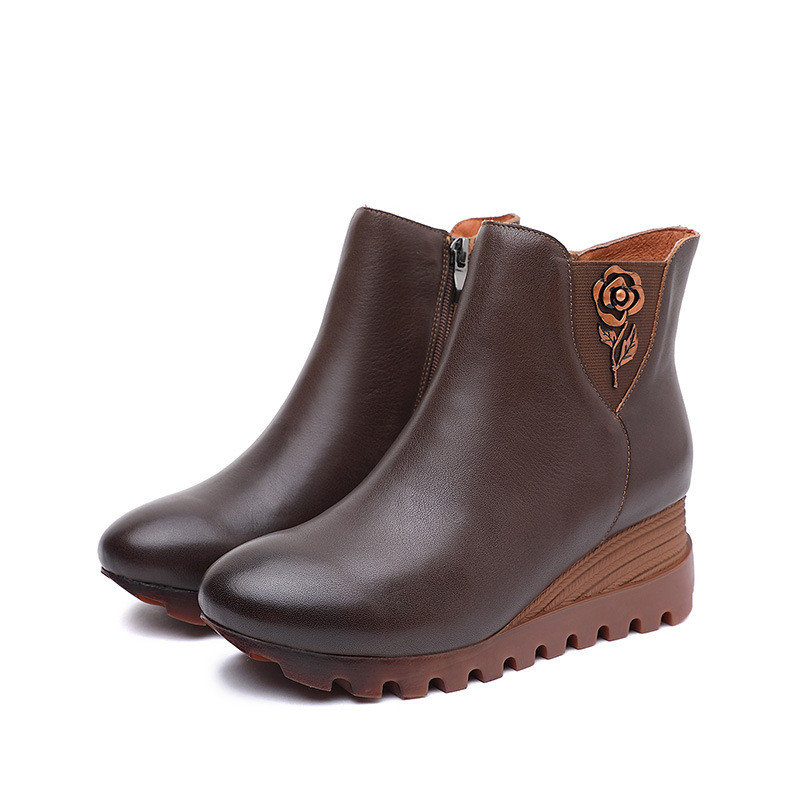 S318 Autumn And Winter Handmade Leather Retro Ethnic Style Slope With Thick-Soled Short Boots Simple And Versatile Women