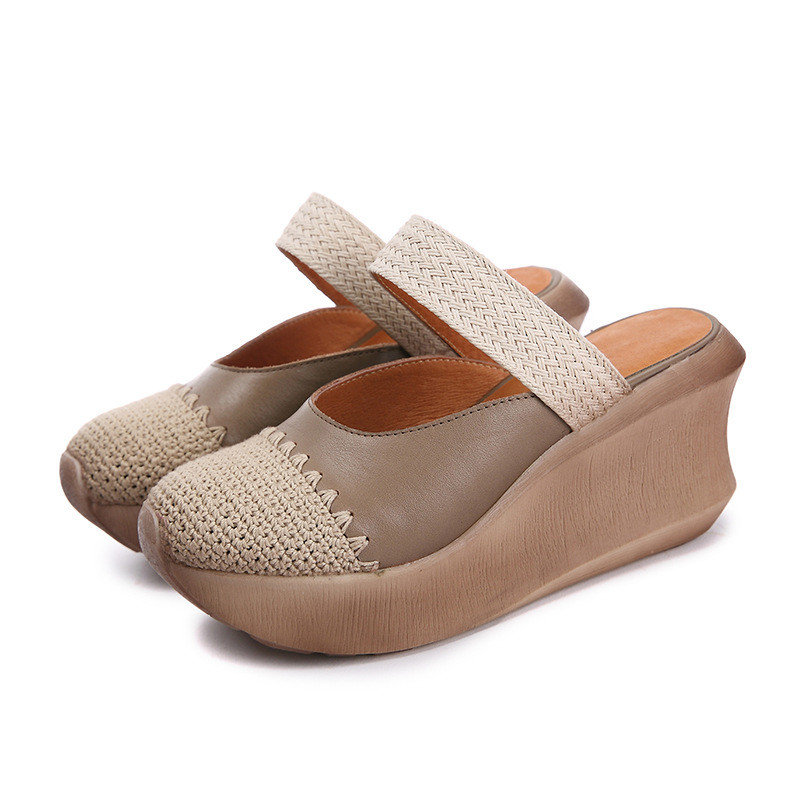 S335 Literature And Art Simple Leather Toe Cap Thick-Soled Thick Heel Sandals Ethnic Retro Hand-Woven Breathable Women'S