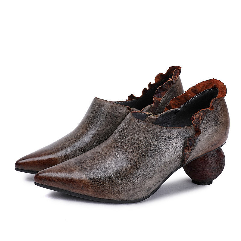 S345 New Pointed Fashion All-Match High Heels Handmade Ethnic Style Retro Leather Women'S Shoes Manufacturers