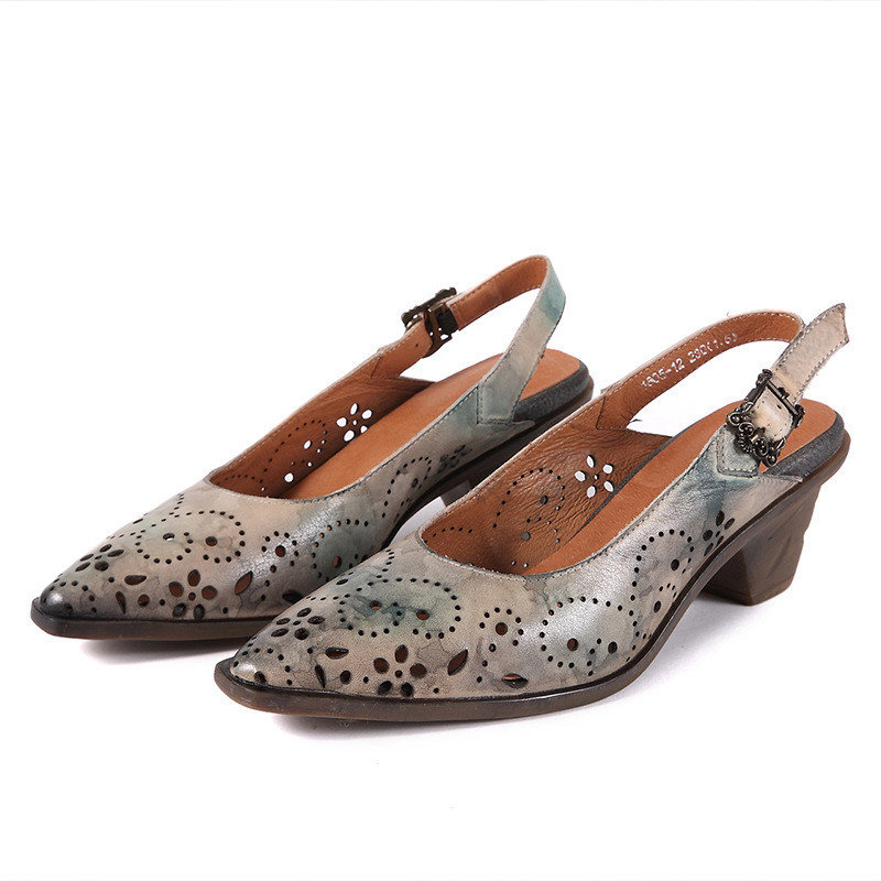 S350 Handmade Gradient Color Leather Square Heel Fashion All-Match Women'S Shoes Elegant Little Fairy Pointed Leather Sh