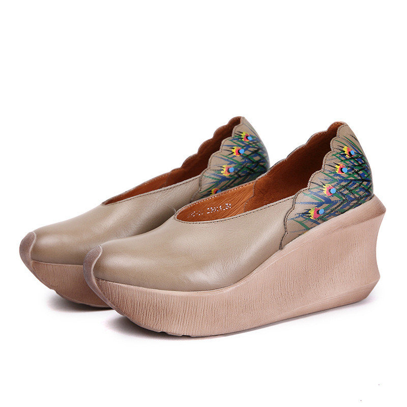 S421 Original Hand-Painted Peacock Ling Ethnic Style Single Shoes Retro Slope Heel Thick Bottom Increased Leather