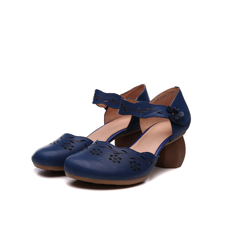 S436 2020 New Leather Retro Women'S Heels Sweet Round Head Comfortable Velcro Sandals Wholesale