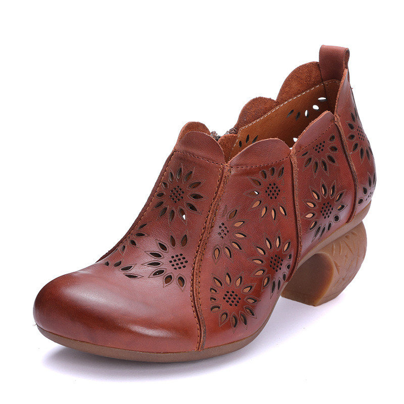 S457 New Women'S Shoes Original Retro Handmade Leather Stitching Round Head Thick Heel Mid-Heel Single Shoes Women