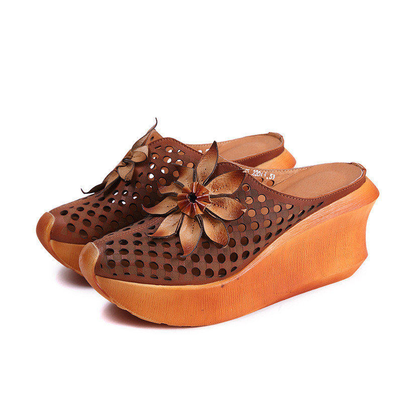 S473 New Ethnic Style Flower Hollow Wedge Female Sandals Retro Platform Platform Shoes Manufacturers