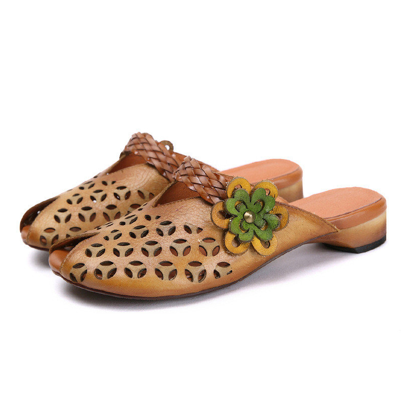S487 New Summer And Autumn Leather Women'S Sandals And Slippers Fish Mouth Hollow Flowers Ethnic Handmade Women'S Shoes