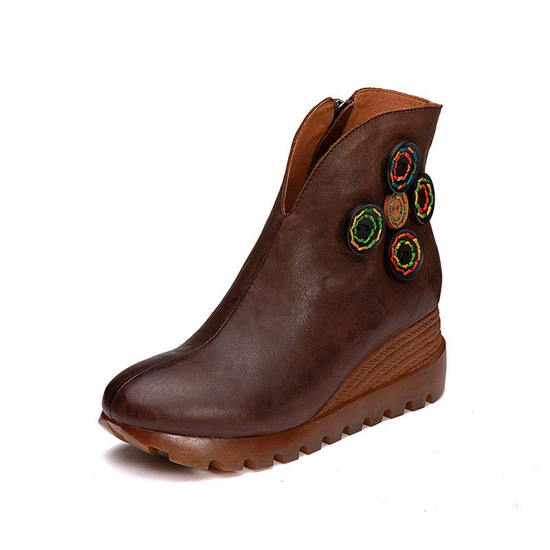 S489 Explosive Waterproof Platform Slope Heel Women'S Shoes Retro Handmade Leather Fashion Zipper Single Shoes Women