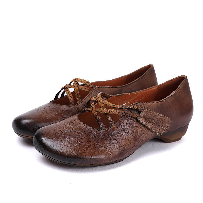 S502 Retro Ethnic Style Handmade Leather Women'S Shoes Fashion New Simple Velcro Shoes Manufacturers