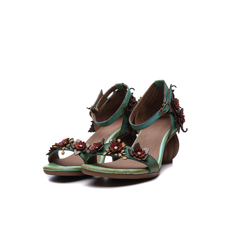 S506 New Floral Temperament Women'S Heel Sandals With Cool Round Head And Comfortable Buckle Mid-Heel Sandals