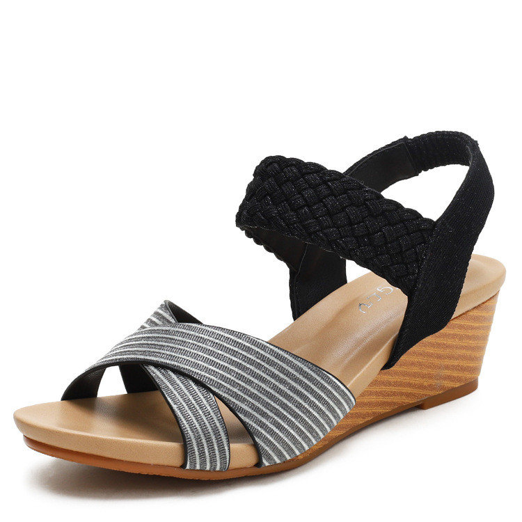 BS111 Sandals Women'S Slope Heel Summer New Style Open Toe Large Size Comfortable Fashion Women'S Shoes Ladies Woven Rom