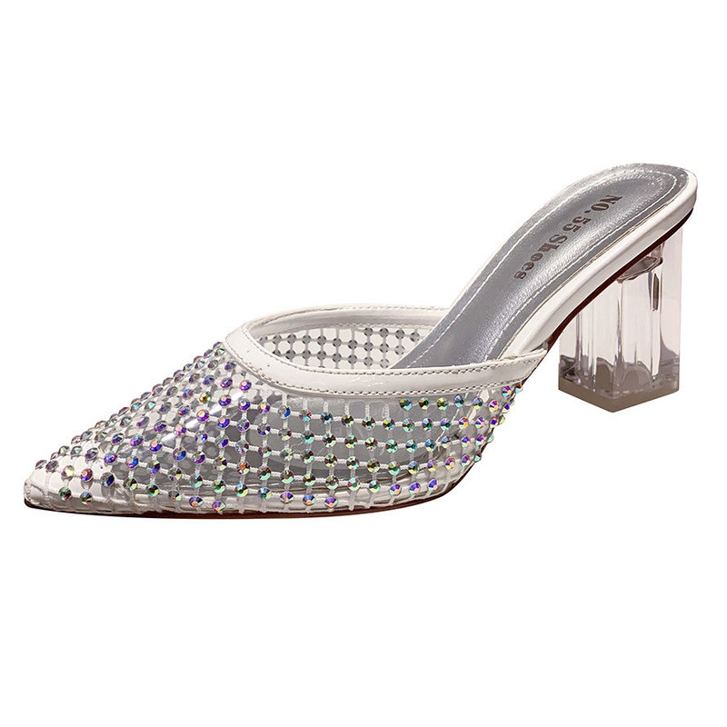 3111-2 Korean Fashion Pointed Shallow High Heeled Shoes Net Red Diamond Sandals Thick Heel Gauze Show Thin Back Empty Wo