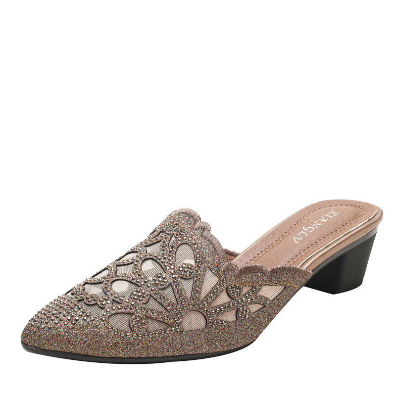 BS148 Pointed Toe Rhinestone Half Slippers Women 2021 Summer Mesh Mid-Heel Shoes Women Thick Heels Lace Sandals