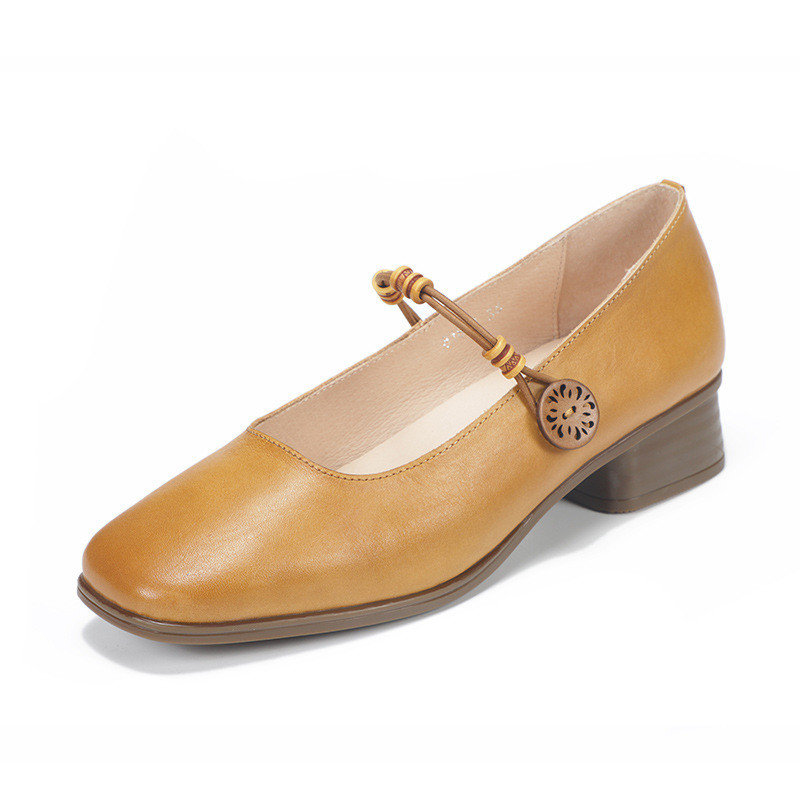 HZM013 Single Shoes Women'S Fall/Winter New Style First Layer Cowhide Square Toe Thick-Heeled Leather Women'S Shoes Fash