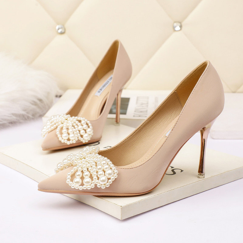 7123-3 Fashion Pointed Shallow Mouth High Heels Nightclub Thin Sexy Single Shoes Net Red Butterfly Pearl Women'S Shoes