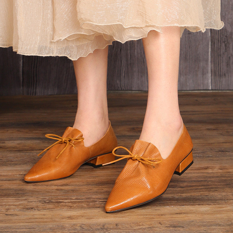 HZM049 Single Shoes Women'S Spring New Thick Heel Pointed Literary Single Shoes Retro Soft Leather Mules Leather Shoes W
