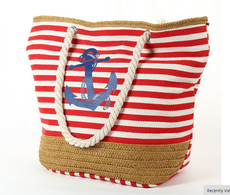 Navy Style Straw Weave Non Woven Polyester Bags With Rope Handles Zipper Closure