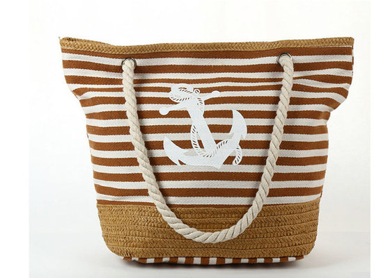 Navy Style Straw Weave Non Woven Polyester Bags With Rope Handles Zipper Closure