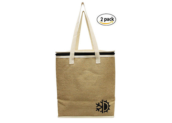 Large Size Natural Jute Insulated Cooler Tote Bag With Cotton Twill Handles