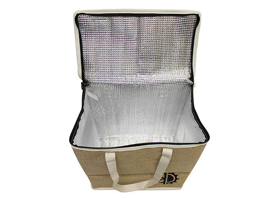 Large Size Natural Jute Insulated Cooler Tote Bag With Cotton Twill Handles