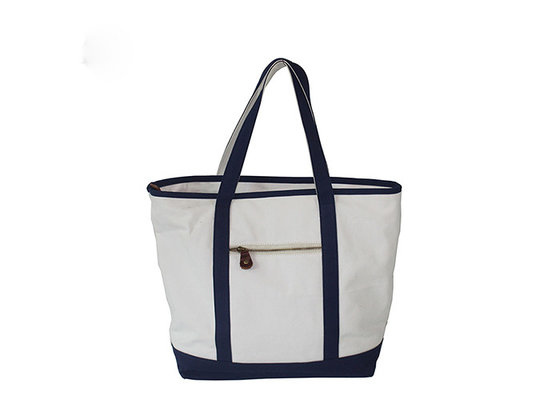 Durable Blue White Cotton Tote Bags Front Zipper Cotton Canvas Grocery Bags