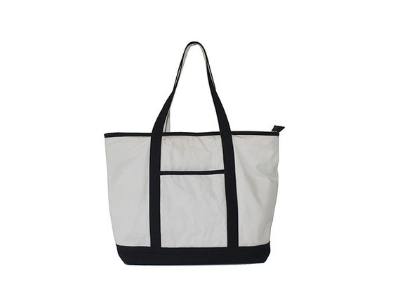 Durable Blue White Cotton Tote Bags Front Zipper Cotton Canvas Grocery Bags