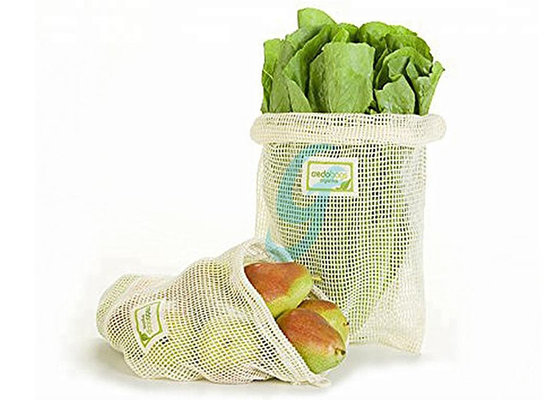 Natural Cotton Mesh Drawstring Tote Bags For Fruits Grocery Supermarket
