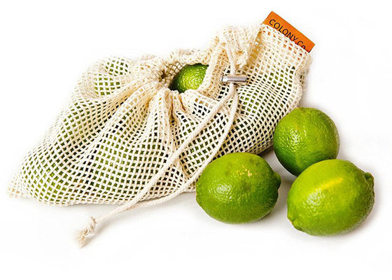 Natural Cotton Mesh Drawstring Tote Bags For Fruits Grocery Supermarket