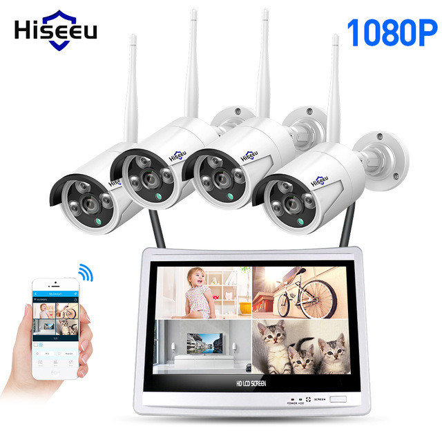 4CH 1080P Wireless NVR Kits 12' LCD display HD outdoor security 2MP IP Camera video surveillance wifi cctv camera system