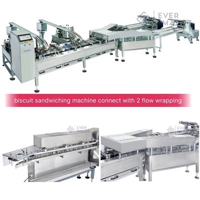 cream biscuit sandwiching machine connect with double horizontal flow wrapping machines