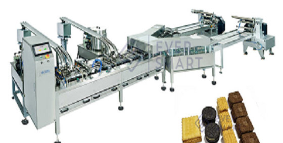 cream biscuit sandwiching machine connect with double horizontal flow wrapping machines