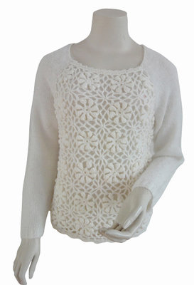 Cuello redondo del ganchillo del frente del raglán del puente del jersey de los hilados peludos para mujer blancos de los suéteres