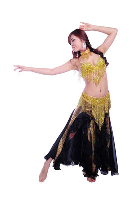 Dancewear de la falda de la sirena de la danza de vientre de la tela del punto de la impresión de la hoja de plata del oro