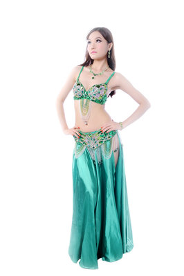 Los trajes profesionales de la danza de vientre de la pluma del pavo real con las franjas/danza del vientre se visten