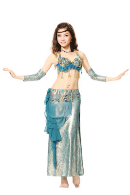 Trajes bordados de la compañía de la danza de vientre de la flor con la tela de Spandex de la impresión