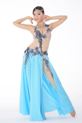 Color azul de los trajes atractivos egipcios de la danza del vientre con diseño del bordado 3D