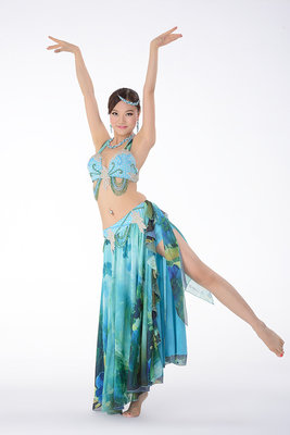 La danza de vientre de seda falsa viste los trajes con la impresión y los diamantes chispeantes