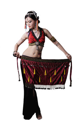 Bufanda tribal egipcia de la cadera de la danza de vientre del terciopelo con la moneda, el negro de las borlas o el color del café