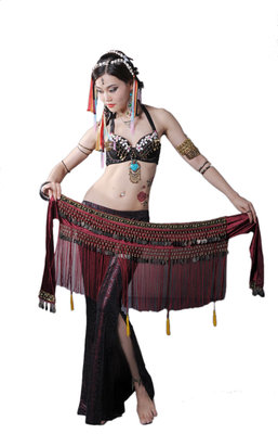 Bufanda tribal egipcia clásica de la cadera de la danza de vientre con las franjas y las borlas largas