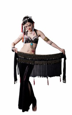 Bufanda tribal egipcia clásica de la cadera de la danza de vientre con las franjas y las borlas largas