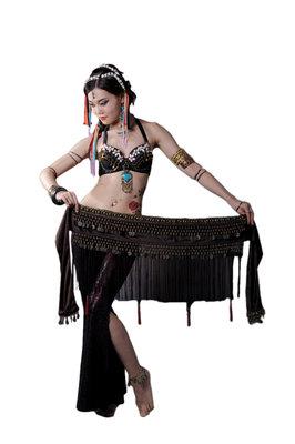 Bufanda tribal egipcia clásica de la cadera de la danza de vientre con las franjas y las borlas largas