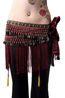 Bufanda tribal egipcia clásica de la cadera de la danza de vientre con las franjas y las borlas largas