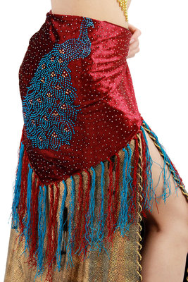 Bufanda larga de la cadera de la danza del vientre de la cadera del terciopelo del triángulo de las franjas con el diseño del pavo real para las mujeres
