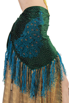 Bufanda larga de la cadera de la danza del vientre de la cadera del terciopelo del triángulo de las franjas con el diseño del pavo real para las mujeres