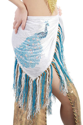 Bufanda larga de la cadera de la danza del vientre de la cadera del terciopelo del triángulo de las franjas con el diseño del pavo real para las mujeres