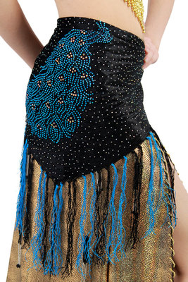 Bufanda larga de la cadera de la danza del vientre de la cadera del terciopelo del triángulo de las franjas con el diseño del pavo real para las mujeres