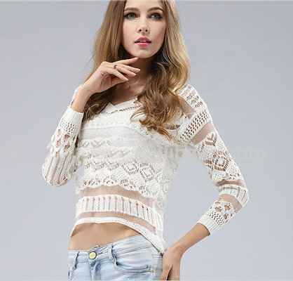 Customized Long sleeve curvy hem lady transparent sexy blouse top v neck