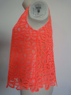 Color rojo coralino de la ropa de moda de las señoras de la blusa sin mangas del cordón de la flor del ganchillo