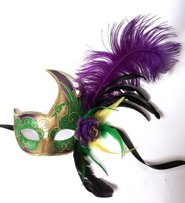 Colombina Plastic mask with ostrich feather     13” PF0803R GOLD