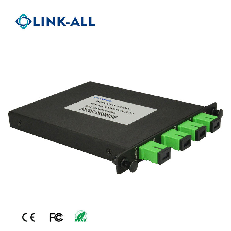 4 ports WDM module, WDM3PON, combine/split GPON/XGSPON/NGPON2 signals, low insertion loss, high isolation